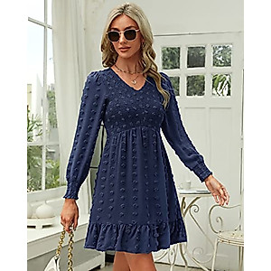 Maggeer Spring Summer Long Sleeve Dress for Women 2024 A Line Swiss Dot Cowgirl Ladies Church Smocked Mini Babydoll Causal Dresses Navy L
