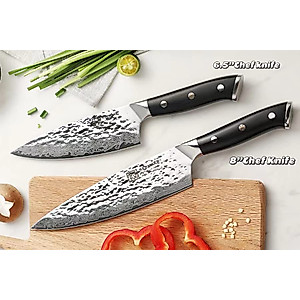 KEEMMAKE Damascus Chef's Knife, 6.5 Inch Gyutou with Hammered AUS-10 Blade, Professional Kitchen Knife with G10 Handle
