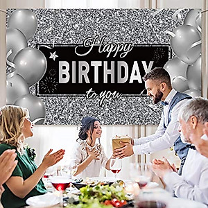 Silver Happy Birthday Banner Backdrop Silver Birthday Party Decorations Black White Balloons Happy Birthday Background Photo Photography Banner for Men Women Birthday Supplies, 72.8 x 43.3 Inch