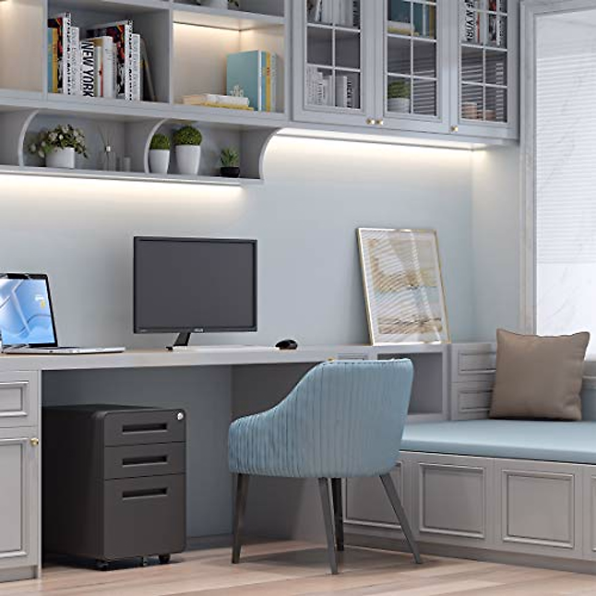 GREATMEET Metal File Cabinet with Lock, 3 Drawers Mobile Filing Cabinet with Anti-Tilt Mechanism, Hanging Drawer for Legal/Letter Files, Black