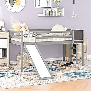 Eafurn Loft Bed with Slide, Kids Twin Loft Bed with Ladder, Low Loft Bed with Slide and Chalkboard, Solid Pine Wood Space Saving Kids Bed Frame for Boys, Girls