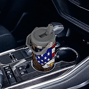 30oz Stainless Steel Insulated Tumbler with Flip Lid & Straw, Leakproof Travel Mug for Car, USA Flag Patriotic Eagle Double Wall Vacuum Thermal Coffee Cup with Handle, Spill-Proof Design for Hot/Cold