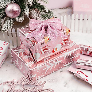 Afucus Reversible Pink Christmas Wrapping Paper, Christmas Tree, Joy Candy Cane, Snowflake, Reindeer, and HO Santa Laughter Themed Gift Wrap Paper, Mini Rolls for Christmas (17 Inch X 120 Inch)