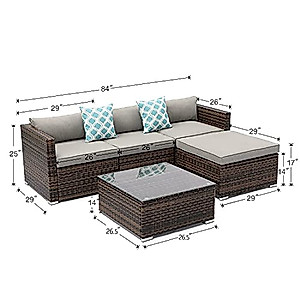 COSIEST 5-Piece Outdoor Furniture All-Weather Mottlewood Brown Wicker Sectional Sofa w Warm Gray Thick Cushions, Glass-Top Coffee Table, 2 Teal Pattern Pillows for Garden, Patio