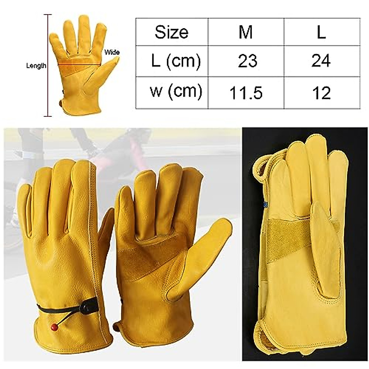 SquEqu 2 Pairs Gardening Gloves Cowhide Leather Work Gloves Tough Working Glove for Men Women Weeding Digging Planting Welding Worker Safety Protection Sports Driver (M)