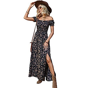 Floerns Women's Boho Ditsy Floral Print Off Shoulder Short Sleeve Split Maxi A Line Dress Black Floral Print L