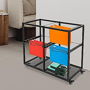 2 Tiers 4 Compartments Rolling File Carts with Wheels, Heavy Duty Rolling Pull-Out File Folder Rack Drawer File Cabinet for Home Office, Hanging Files for Letter Size
