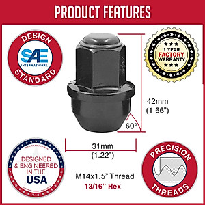 Wheel Accessories Parts 24 Pcs M14x1.5 14x1.5 Thread OEM Style Lug Nuts 1.66" Long Black 13/16" 21mm Hex Hex Fits 2015+ Ford F150 Expedition F-150 Lightning | Lincoln Navigator ACPZ-1012-B | 611-008