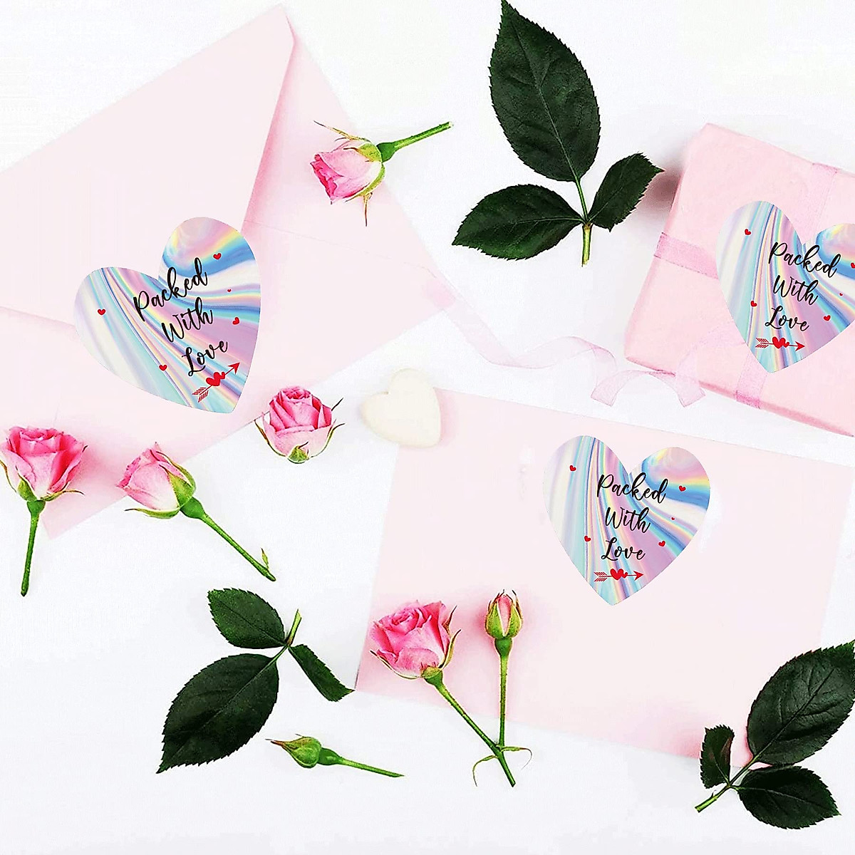 Happy Valentine's Day Stickers 1.5 inch Holographic Heart Stickers Wedding Favor Thank You Labels for Envelope Seals Business Package 500 pcs Per Roll Sealed Labels for Envelope Seals