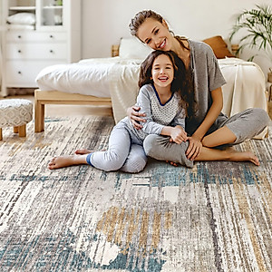 8x10 Rugs for Living Room: Large Modern Washable Super Soft Abstract Area Rug Neutral Contemporary Low Pile Carpet for Bedroom Dining Room Nursery Home Office Decor - Blue/Grey/Gold