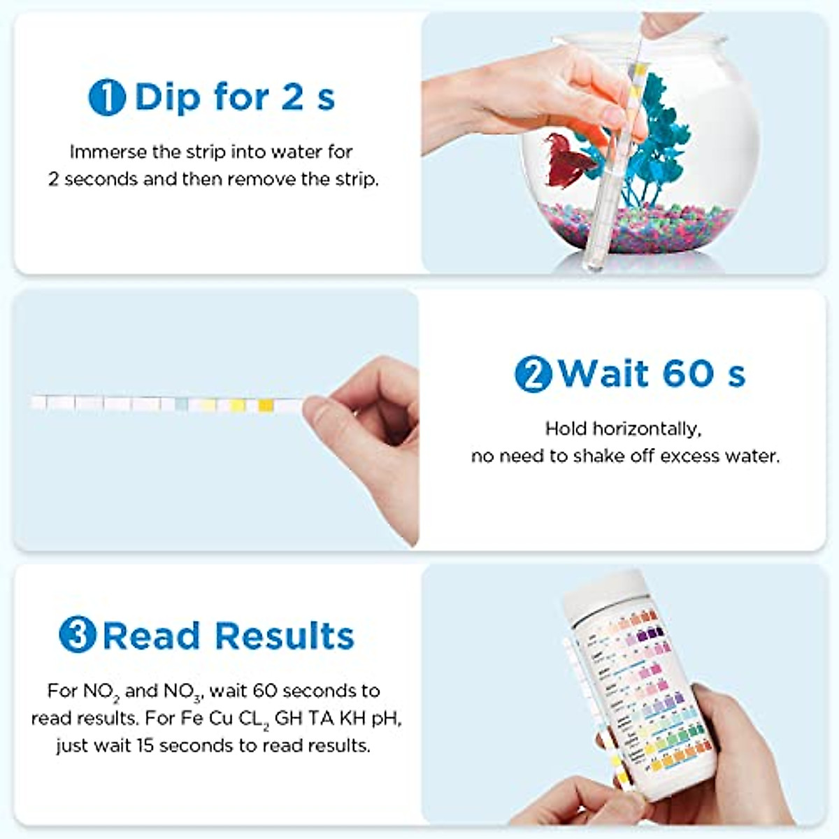 9 in 1 Aquarium Test Strips - 100 Strips Aquarium Water Test Kits for Freshwater Saltwater - Testing for Iron, Copper, Nitrite, Nitrate, pH, GH & KH, Chlorine, Total Alkalinity