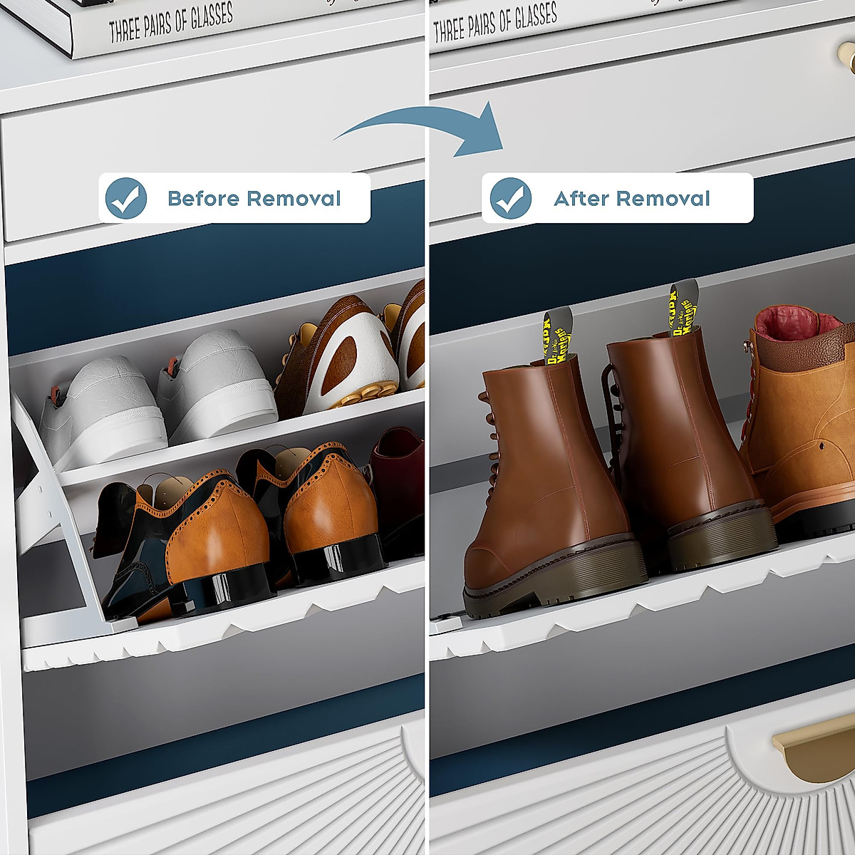 Brafab Shoe Storage Cabinet with 2 Flip Drawers&1 Small Drawer, Slim Entryway Shoe Organizer with Sun Pattern Doors for Leather Shoes,Pure White