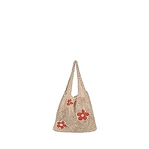 Verdusa Women's Floral Print Crochet Tote Bag Shoulder Handbags Summer Shopping Bags Apricot one-size