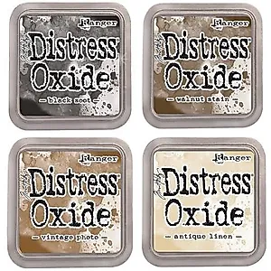 Tim Holtz Ranger Distress Oxide Ink Bundle - Four 3" x 3" Pads (E : Black Soot, Walnut Stain, Vintage Photo, and Antique Linen)