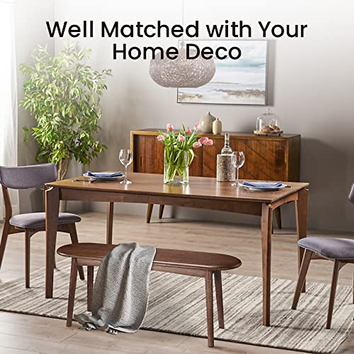 Fancyarn Wood Bench, 47" L FAS Grade 100% Solid Oak Wood Bench w/Rounded Corner, Large Comfortable Seat, Firm Mortise & Tenon Structure, Long Bench for Dining Room, Entryway, Bedroom