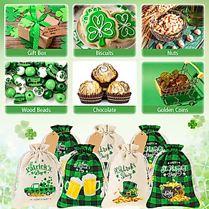 20 Pieces St Patrick's Day Party Favor Bags with Drawstring 4 x 6 Inches Lucky Shamrock Cotton Candy Pouch Sacks Irish Gift Plaid Treat Bag with 20 Tags for Saint Patrick's Day Irish Party Supplies