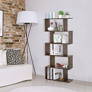 Epetlover 5 Tier Bookshelf S-Shaped Geometric Bookcase Wooden Floor Standing Open Shelf Bookshelves Display Storage Shelf & DVD Shelves for Living Room Bedroom Office, Rustic Brown