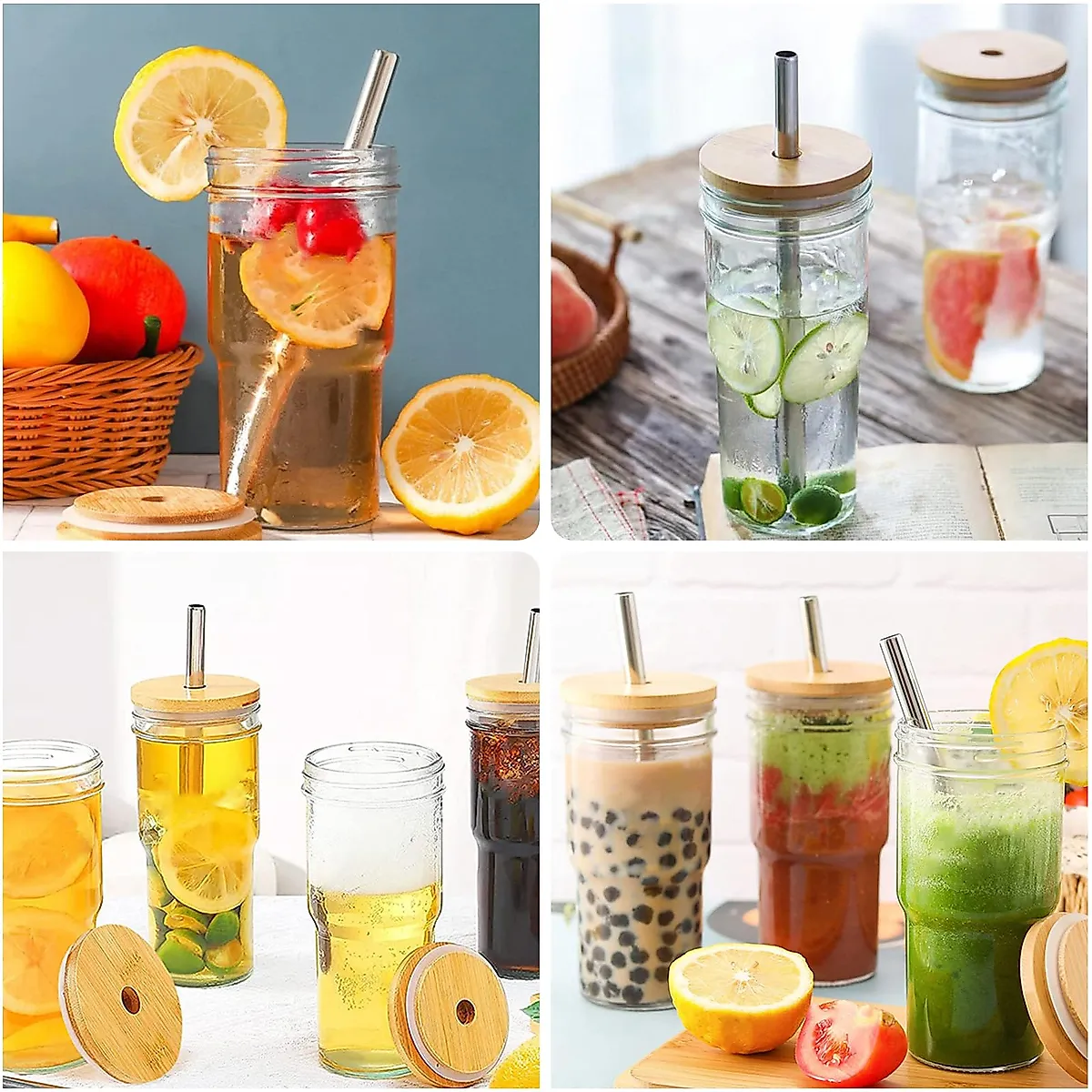 SYOUACEND 2 Pack Glass Cups with Lids and Straws, 24oz Glass Tumbler with Sleeves Reusable, Mason Jar Drinking Glasses Iced Coffee Cup Wide Mouth Glass Bottle for Bubble Tea, with 2 Cleaning Brush