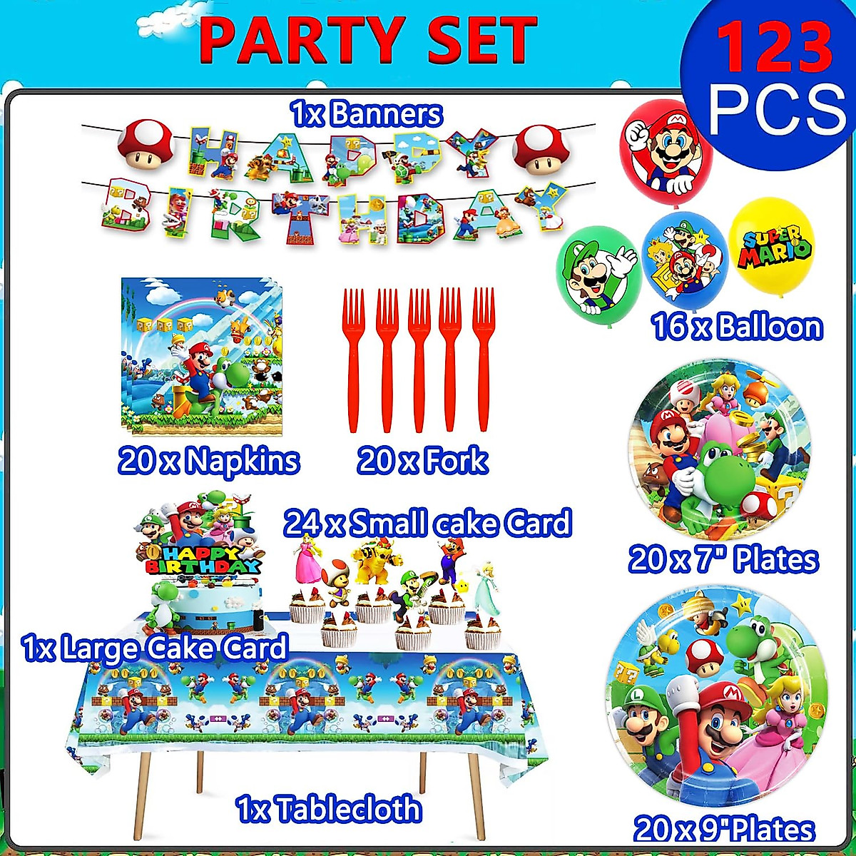 123Pcs Super Bros Themed Party Decorations, Birthday Party Supplies Decorations Set-Plates Napkins Tablecloth Banners Fork etc for 20 Guests Kids Birthday (Set A)