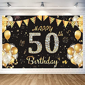 50th Happy Birthday Banner Backdrop for Men Black and Gold Party Decorations Happy Birthday Backdrop for Women Black and Gold Birthday Photo Backdrop 70.87*45.28in