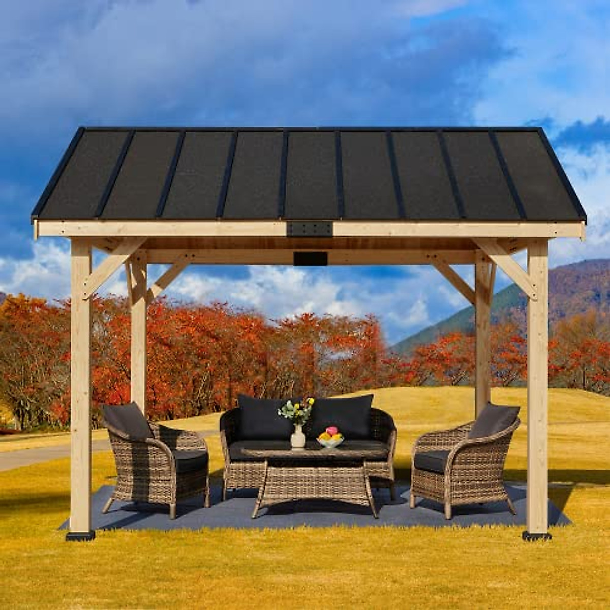 Small Wood pergola,11x12 FT Solid Wood Gazebo with Waterproof Asphalt Roof, Outdoor Permanent Hardtop Gazebo Canopy for Patio, Garden, Backyard