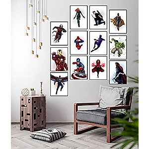 Set of 12 Superhero Posters - Ant-Man - Falcon - Hulk - Wanda - Black Widow - Iron Man - Hawkeye- Spider-Man - Black Panther - Captain America - Thor and Vision (Concept art style, 8x10)