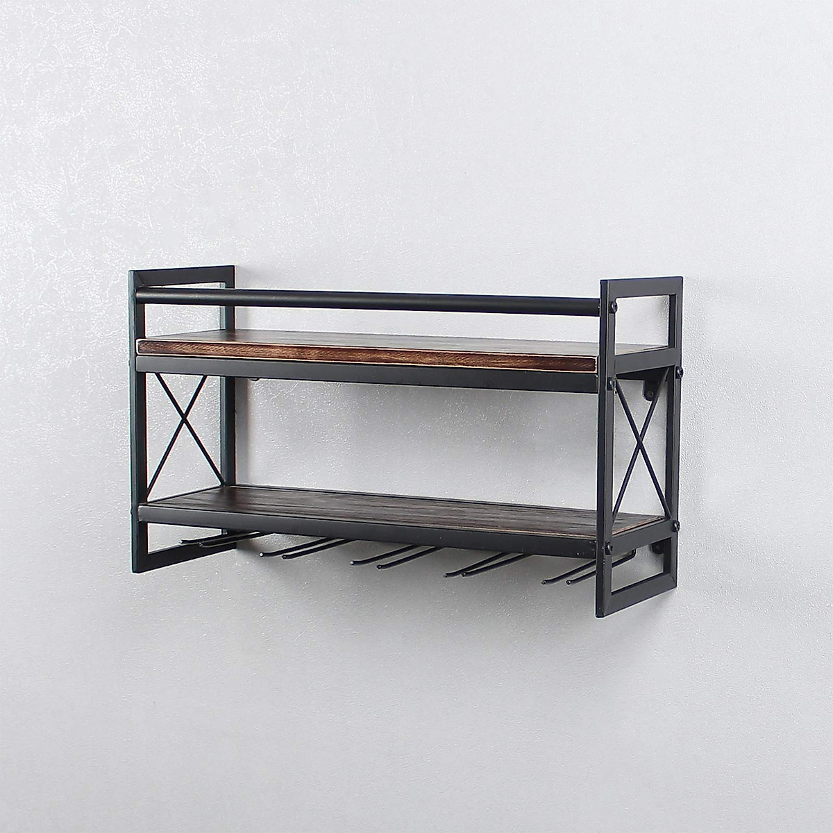 MBQQ Wine Rack Stemware Glass Rack,Industrial 2-Tier Wood Shelf,36" Wall Mounted Wine Racks with 8 Stem Glass Holder for Wine Glasses,Mugs,Home Decor,Black