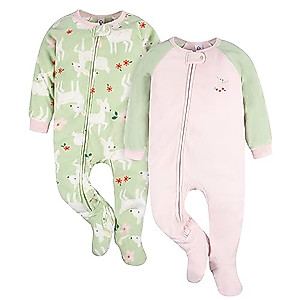 Gerber Baby Girls Flame Resistant Fleece Footed Pajamas 2-Pack, Pink Deer, 6-9 Months