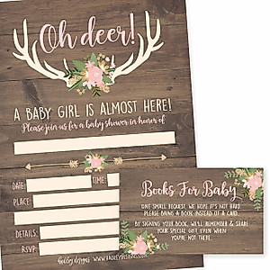 Hadley Designs 25 Oh Deer Invitations, 25 Books Request Cards, Sprinkle Invite for Girl, Bring A Book Instead Of A Card, Invitation Inserts for Baby Shower Guest Book