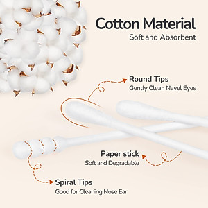 POMPOM LIFE Baby Cotton Swabs, 210 Count, Double Tipped Cotton Buds with Paper Stick, Round and Spiral, Good for Baby Ear and Nose Clean