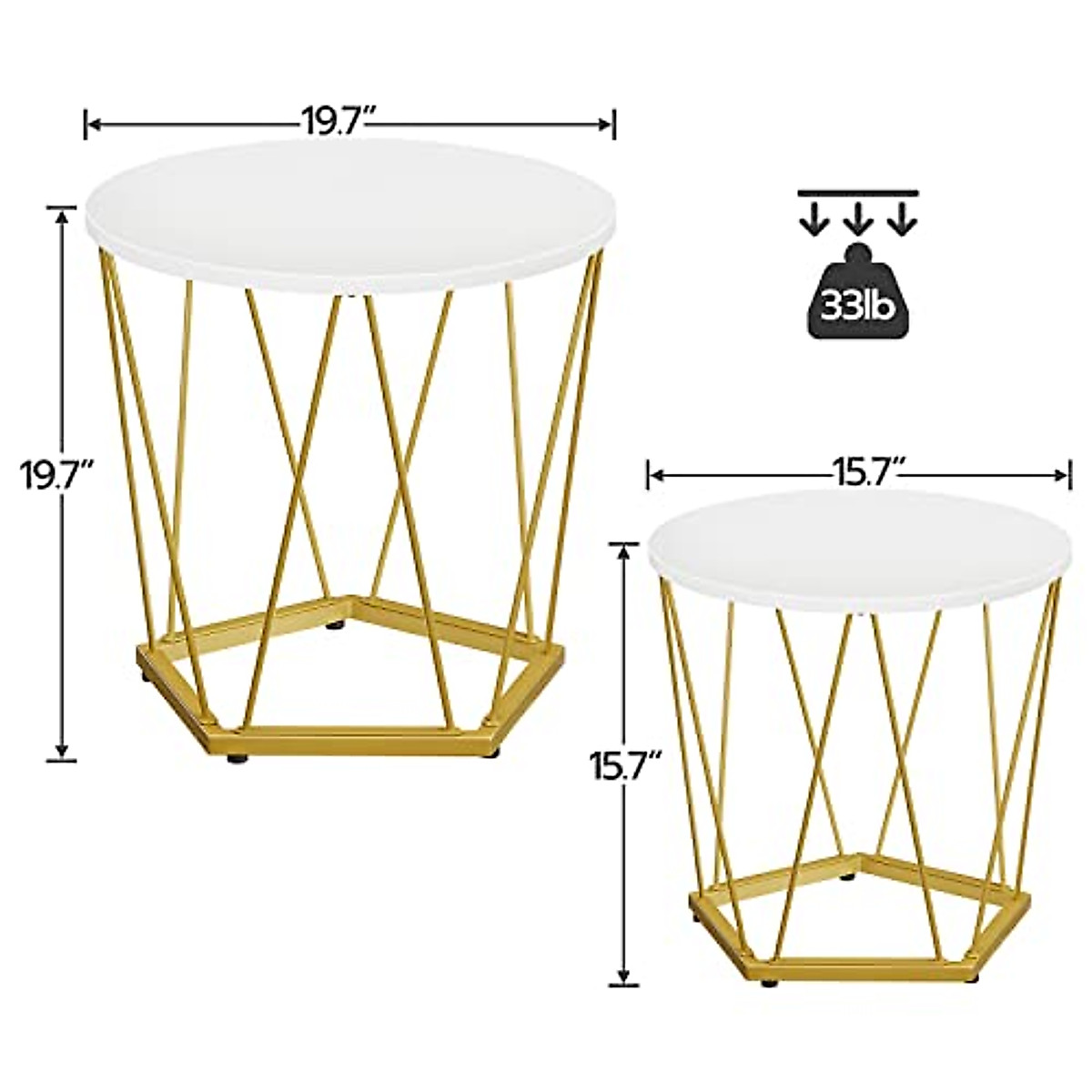HOOBRO Round Coffee Table Set of 2, Gold Coffee End Table with Metal Frame, Small Coffee Table for Living Room Bedroom Balcony Yard, Modern Style, White and Gold, GD80BZ01