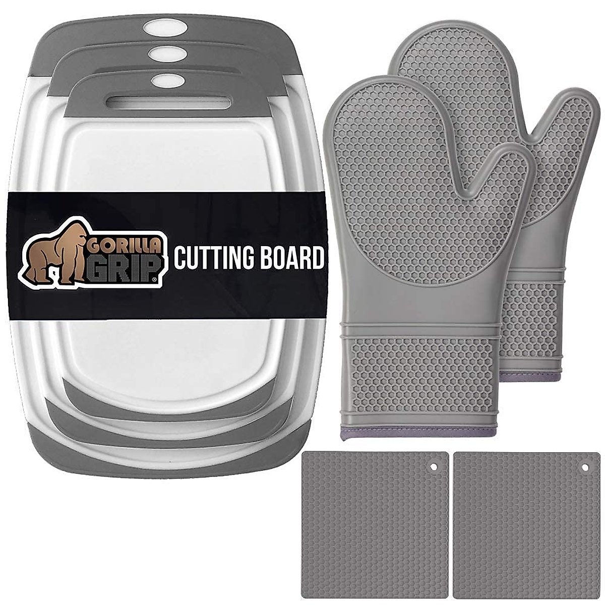Gorilla Grip Cutting Board Set of 3 and Silicone Oven Mitt and Pot Holder 4 Piece Set, Includes Cooking Mitts and Trivet Mats, Cutting Boards are, Both in Gray Color, 2 Item Bundle