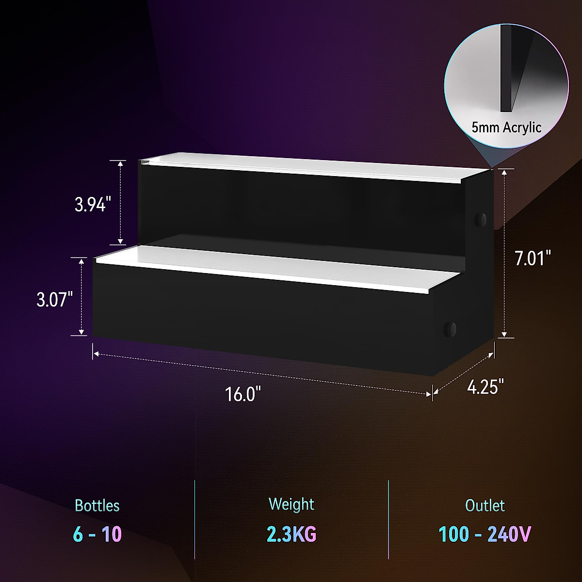 Warmiehomy LED Lighted Liquor Bottle Display Shelf, 16" 2 Step Acrylic Bar Shelves for Liquor Bottles, Alcohol Whiskey Shelves with Smart App & Remote Dual Control for Home Commercial Bar Drinks