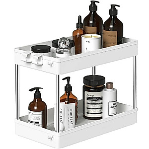 SPACEKEEPER Under Sink Organizer, Pull Out Cabinet Organizer 2-Tier Sliding Under Bathroom Cabinet Storage Rack Multi-purpose Under Sink Shelf for Kitchen Bathroom, White, 1 Pack