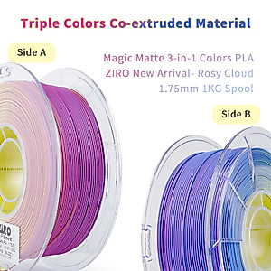ZIRO PLA Filament Matte, Multicolors 3D Printer Filament, 3-in-1 Chrome Coextrusion PLA, Magic Three-Color PLA, Fit Most FDM 3D Printers,1KG/2.2lb Spool, Rosy Cloud (Matte)
