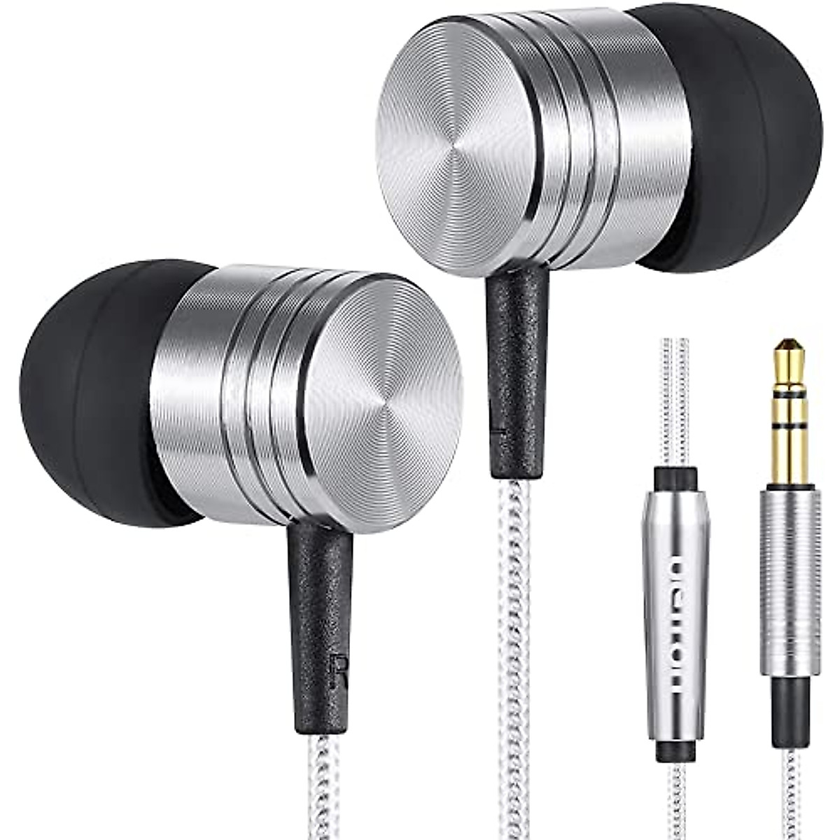 Betron B650 in Ear Headphones Earphones Wired with Noise Isolating Earbuds Tangle-Free Cord Carry Case Soft Ear Buds 3.5mm Plug (Silver)