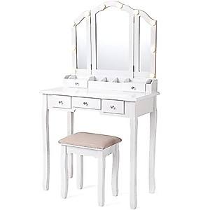 Vanity Desk with Mirror and Lights Makeup Vanity with Lights and Tri-Folding Mirror,Vanity Table with Lights,Makeup Vanity with Drawers,Vanity Mirror with Lights Desk and Chair Makeup Desk for Girl