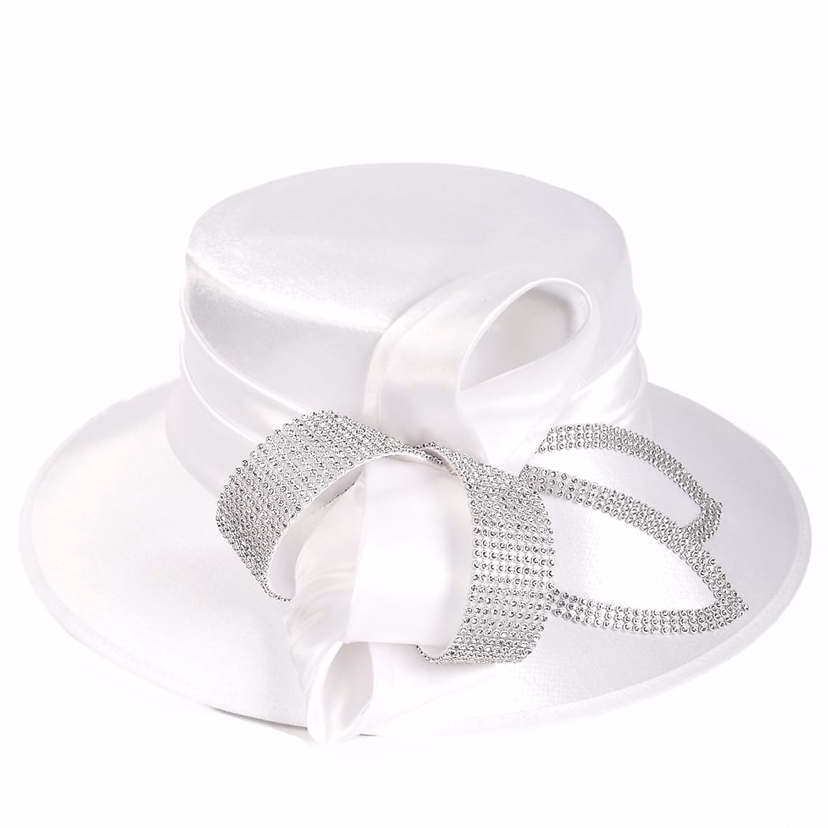 HISSHE Womens Church Derby Dress Hat Wide Brim Crystal Tea Party Wedding Hats (White)