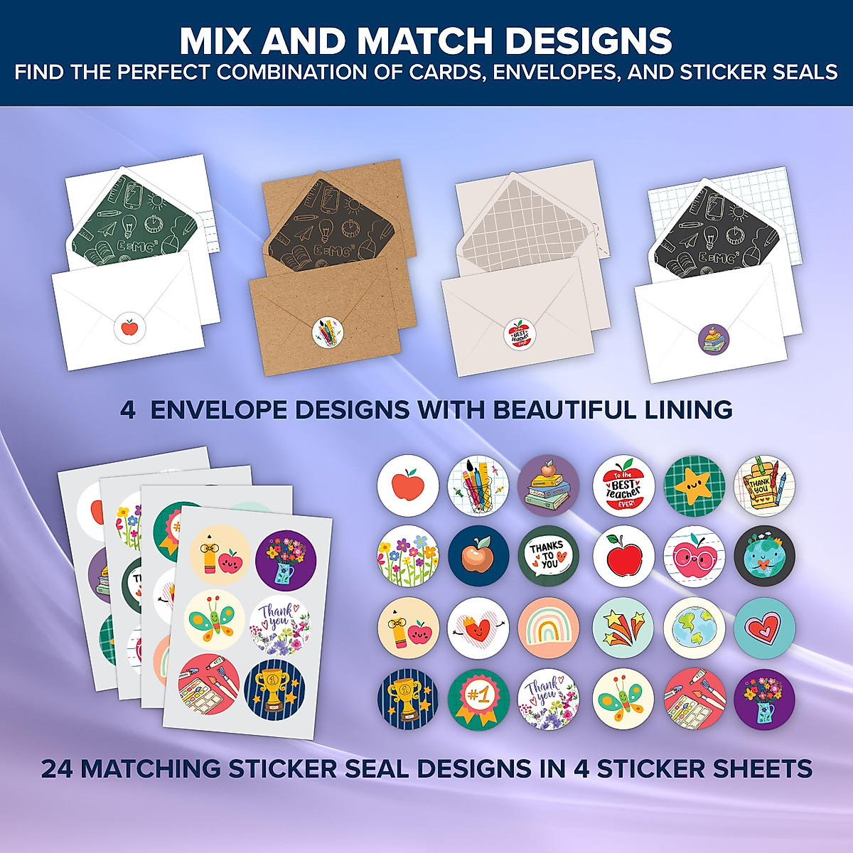 Decorably 24 Pack Teachers Appreciation Cards with Envelopes & Stickers - 24 Unique Designs with Printed Message Inside Teacher Thank You Cards for Teachers, 4x6in Teacher Appreciation Card