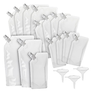 Stockroom Plus 30 Pack Reusable Adult Plastic Drink Pouches with Funnels for Juice, Soda, Liquor (8, 16, 32 Ounces)