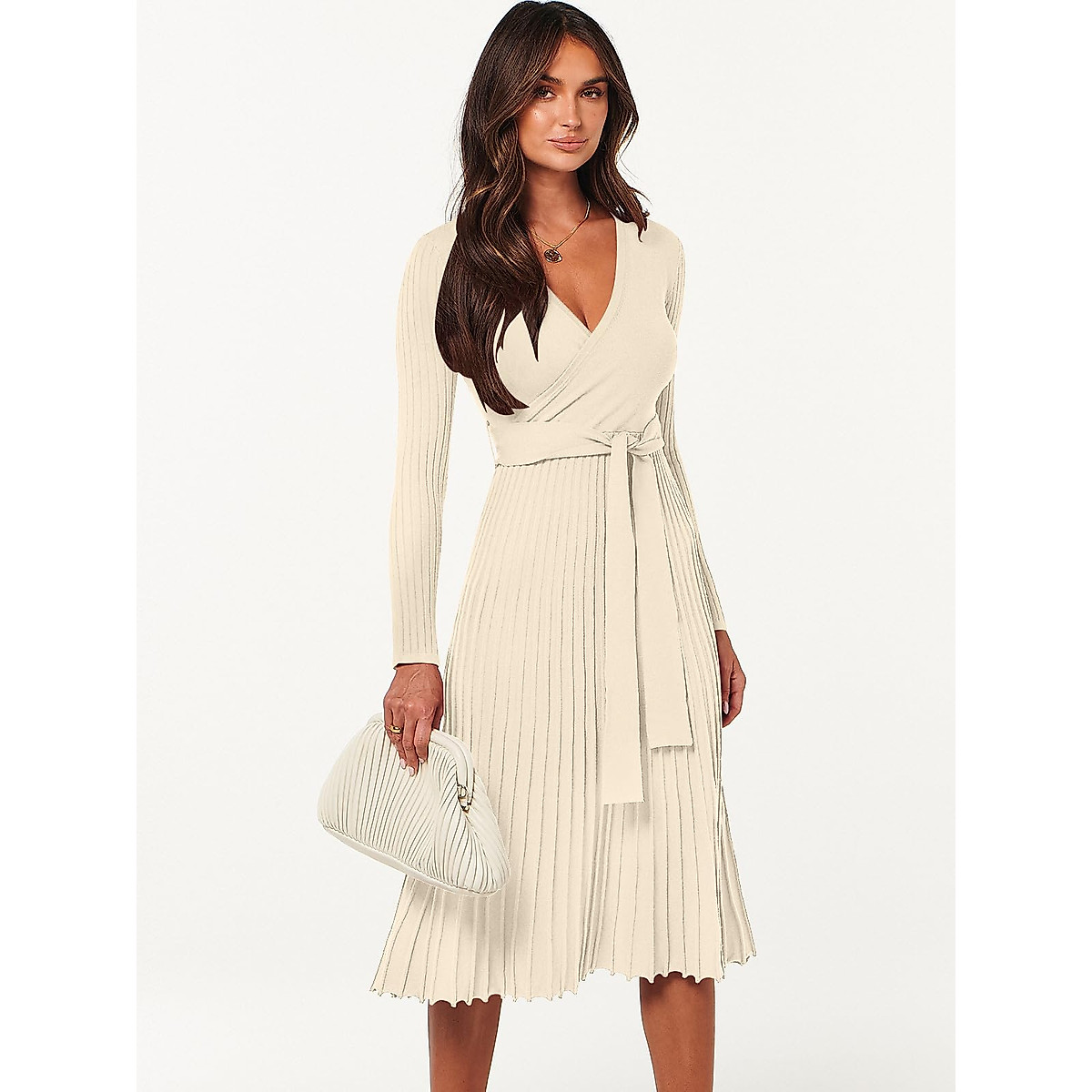 ANRABESS Women's 2024 Long Sleeve Sweater Dress Wrap V Neck Pleated Ribbed Knit A Line Belted Tie Waist Midi Dress Beige Medium
