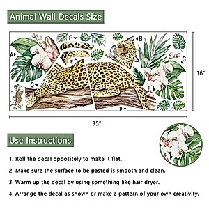 Yovkky Cheetah Leopard Wall Decals Stickers, Safari Jaguar Trunk Palm Leaves Home Bedroom Decor, Wild Jungle African Animal Tropical Flower Living Room Kitchen Decorations Art