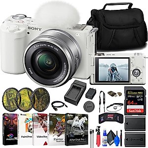 Sony ZV-E10 Mirrorless Camera with 16-50mm Lens (White) (ILCZV-E10L/W) + 64GB Memory Card + Filter Kit + External Charger + NPF-W50 Battery + Card Reader + Corel Photo Software + More (Renewed)