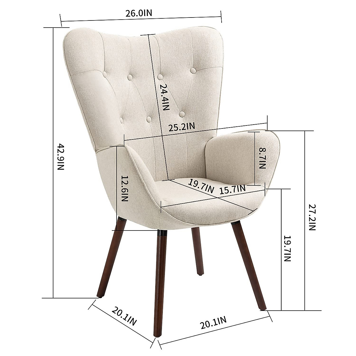 FurnitureR Armchair Living Room Chair, Velvet Upholstered Wingback Accent Chair, Tufted Vanity Chair High Back Solid Wood Legs Lounge Leisure Chair, Beige