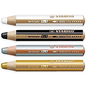 STABILO Multi-talented Pencil woody 3-in-1 - Pack of 4 - Black, White, Gold & Silver