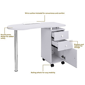 mefeir Manicure Table Nail Desk with Drawers Single Cabinet on Wheels & Arm Rest Cushion, Mobile Beauty Spa Salon Home Wooden Technician Workstation Nail Art Equipment