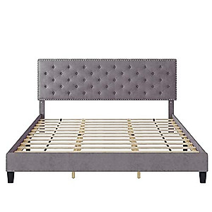 URKNO King Bed Frame, Upholstered Platform Bed Frame with Adjustable Headboard, Button Tufted Mattress Foundation with Sturdy Wood Slat Support, No Box Spring Required, Easy Assembly (Grey, King)