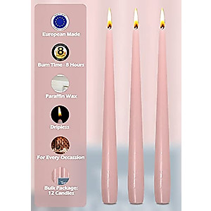 Hyoola Tall Taper Candles - 10 Inch Light Pink Unscented Dripless Taper Candles - 8 Hour Burn Time - 12 Pack
