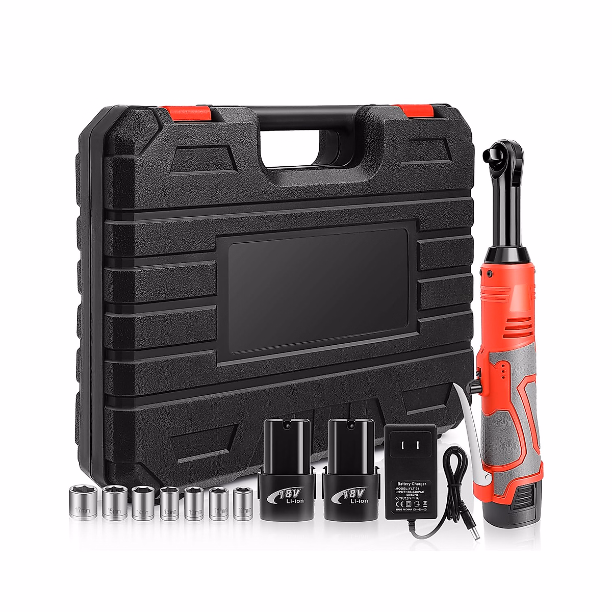 GCCSJ 3/8" Cordless Ratchet Wrench, 18V Cordless Ratchet Wrench, Electric Wrenches 45 FT-lbs 400RPM Electric Ratchet Wrench Set with 2 PCS 2000 Ah Lithium-Ion Battery, 7 Sockets and Charger