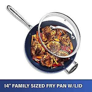 Granitestone Blue Nonstick 14” Frying Pan with Lid with Ultra Durable Mineral and Diamond Triple Coated Surface, Family Sized Open Skillet, Oven and Dishwasher Safe, 100% PFOA Free